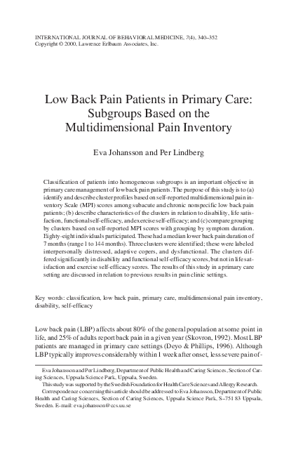 (PDF) Low back pain patients in primary care: Subgroups based on the ...