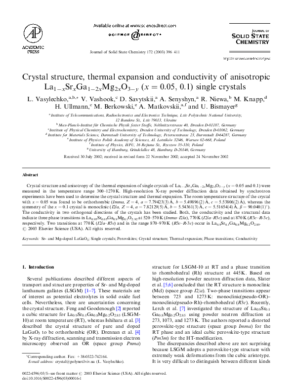 (PDF) Crystal structure, thermal expansion and conductivity of anisotropic La 1− x Sr x Ga 1−2 x ...