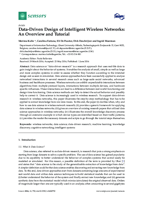 Pdf Data Driven Design Of Intelligent Wireless Networks An Overview And Tutorial C Fortuna