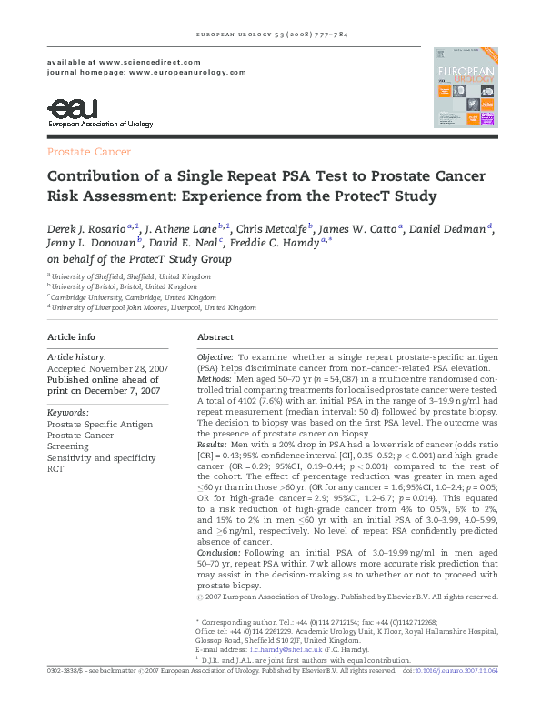 (PDF) Contribution of a Single Repeat PSA Test to Prostate Cancer Risk ...
