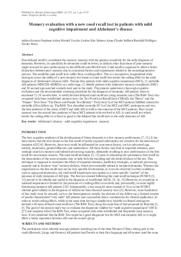 (PDF) Memory evaluation with a new cued recall test in patients with ...