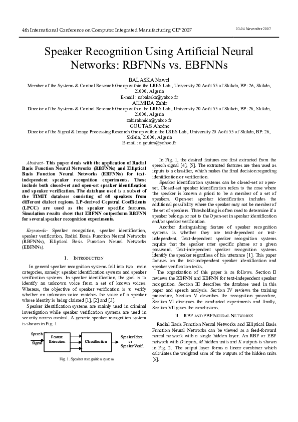 Pdf Speaker Recognition Using Artificial Neural Networks
