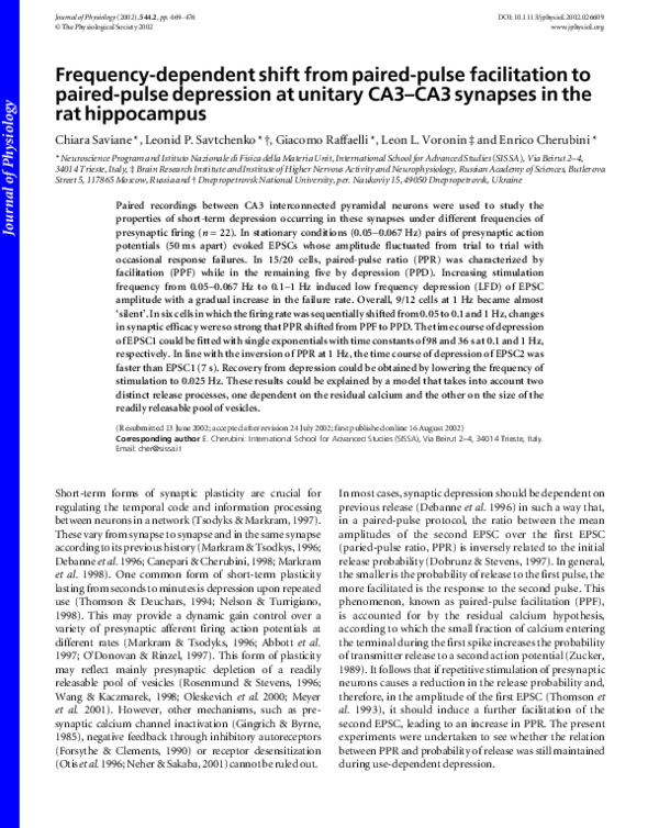 (PDF) Frequency-dependent shift from paired-pulse facilitation to ...