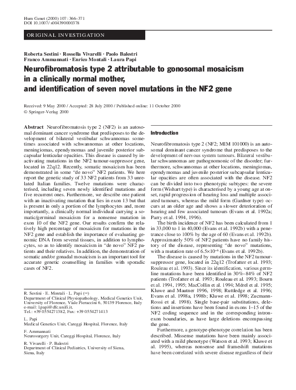(PDF) Neurofibromatosis type 2 attributable to gonosomal mosaicism in a ...