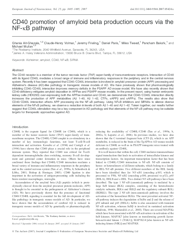 (PDF) CD40 promotion of amyloid beta production occurs via the NF-κB ...