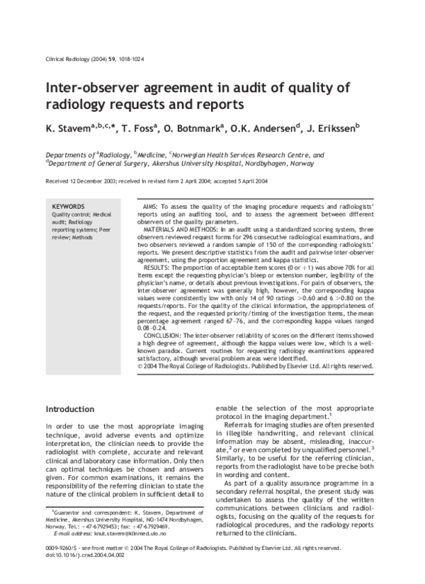 (PDF) Inter-observer agreement in audit of quality of radiology ...
