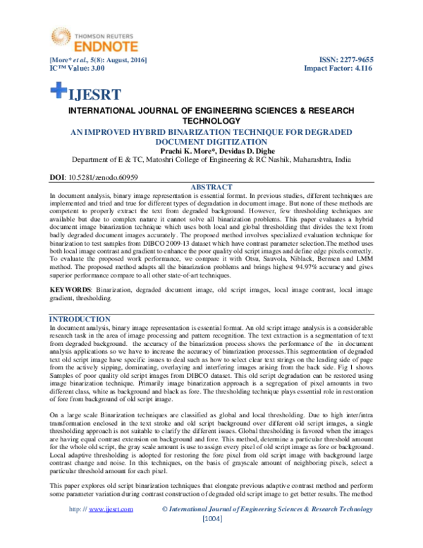 Pdf An Improved Hybrid Binarization Technique For Degraded Document