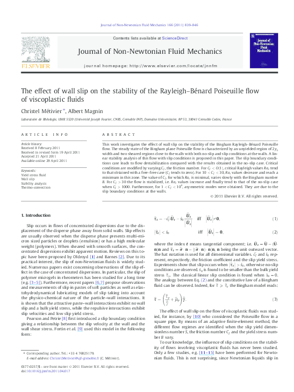 (PDF) The effect of wall slip on the stability of the Rayleigh–Bénard Poiseuille flow of ...
