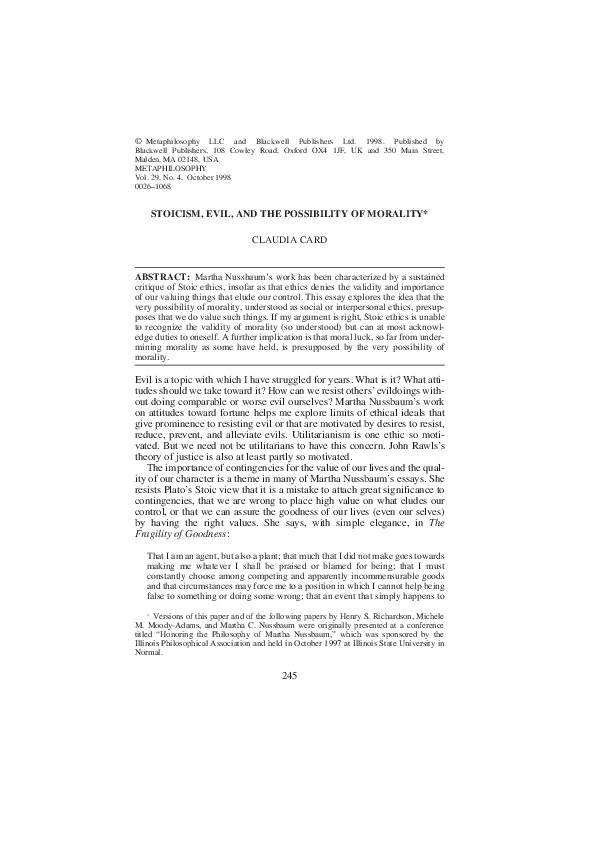 (PDF) Claudia Card (1998). Stoicism, Evil, and the Possibility of Morality