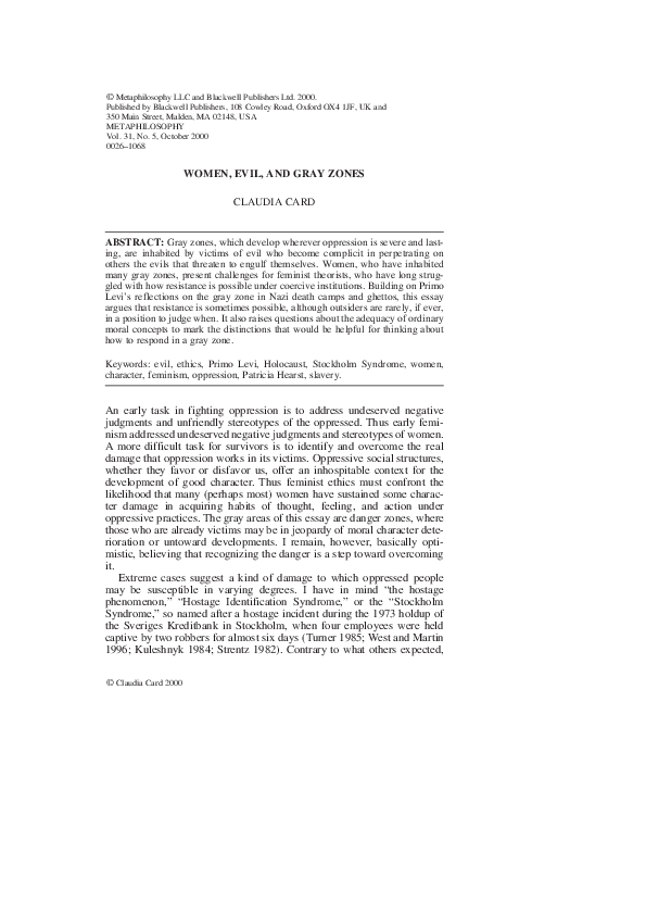 (PDF) Claudia Card (2000). Women, Evil, and Grey Zones
