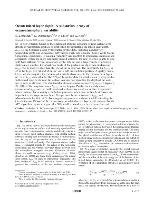 (PDF) Ocean mixed layer depth: A subsurface proxy of ocean-atmosphere variability