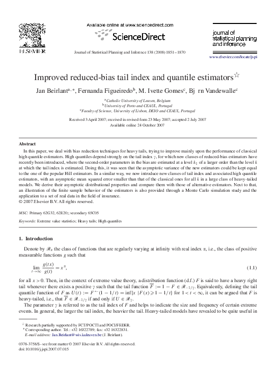 Pdf Improved Reduced Bias Tail Index And Quantile Estimators