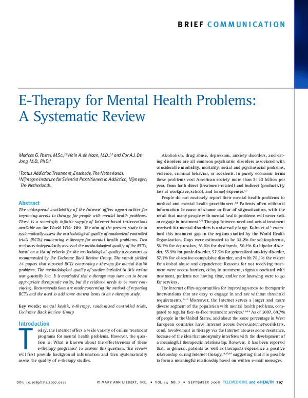 (PDF) E-Therapy for mental health problems : a systematic review