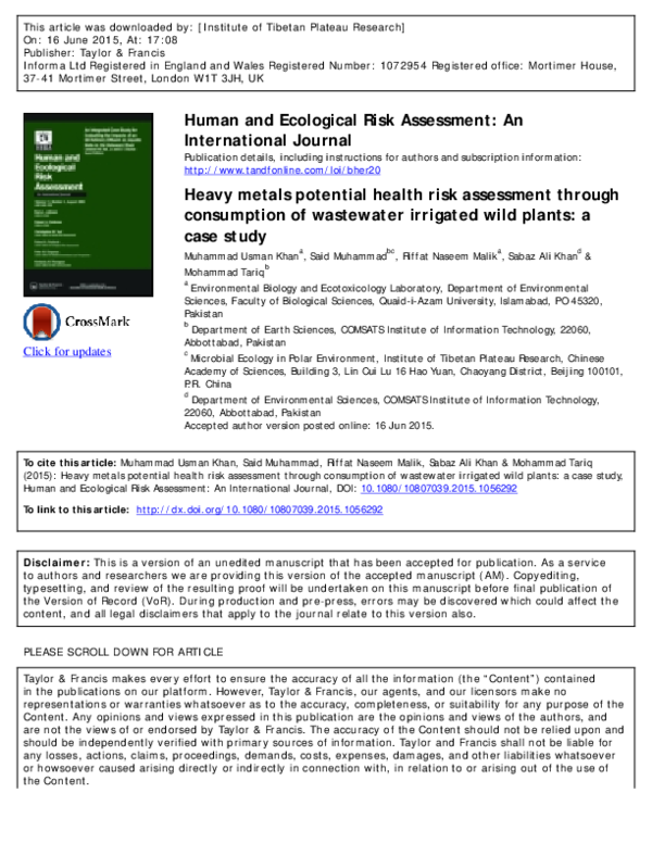 (PDF) Heavy metals potential health risk assessment through consumption ...