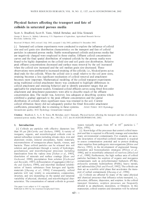 (PDF) Physical factors affecting the transport and fate of colloids in ...