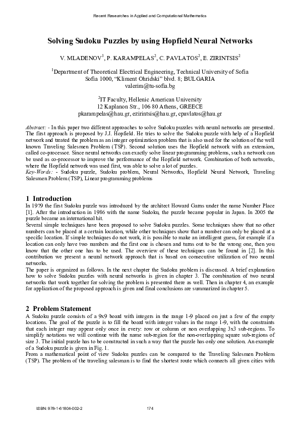 (PDF) Solving sudoku puzzles by using hopfield neural networks