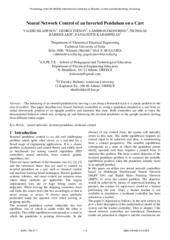 (PDF) Neural Network Control of an Inverted Pendulum on a Cart