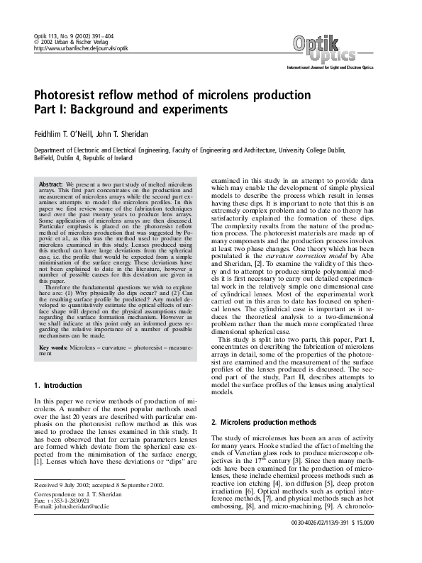 (PDF) Photoresist reflow method of microlens production Part I ...