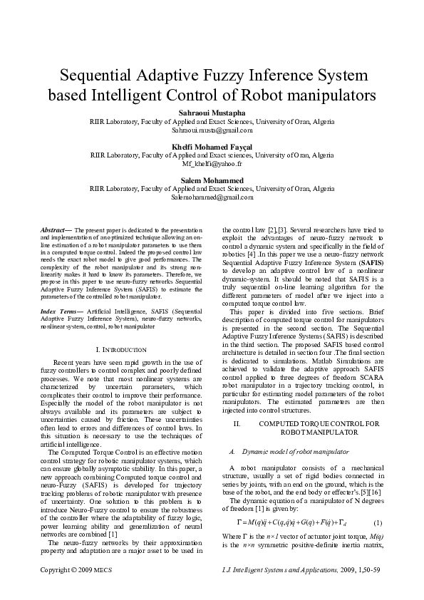 (PDF) Copyright © 2009 MECS Sequential Adaptive Fuzzy Inference System based Intelligent Control ...
