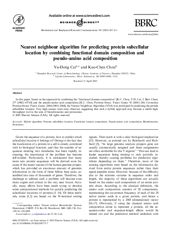 Pdf Nearest Neighbour Algorithm For Predicting Protein Subcellular Location By Combining