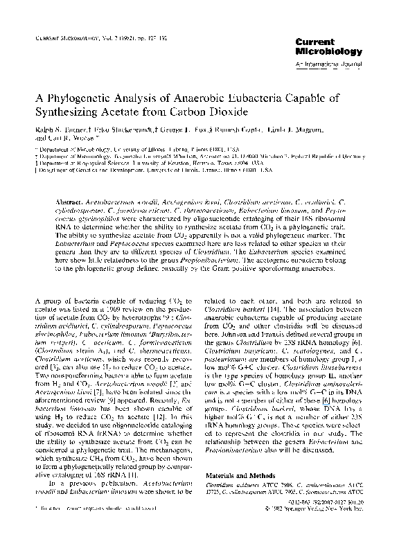 A phylogenetic analysis of anaerobic eubacteria capable of synthesizing ...