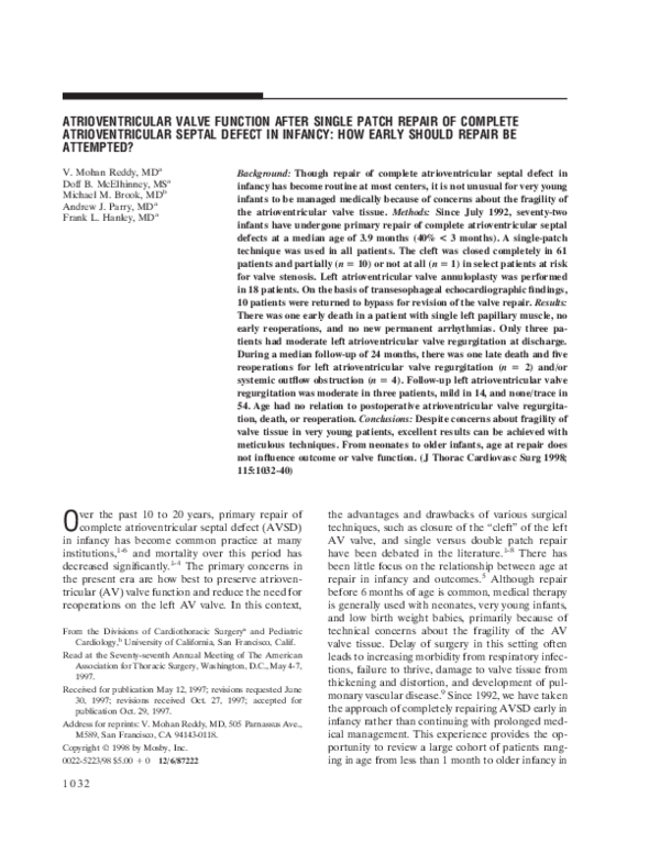(PDF) Atrioventricular valve function after single patch repair of ...