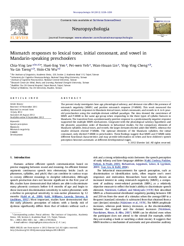 (PDF) Mismatch responses to lexical tone, initial consonant, and vowel in Mandarin-speaking ...