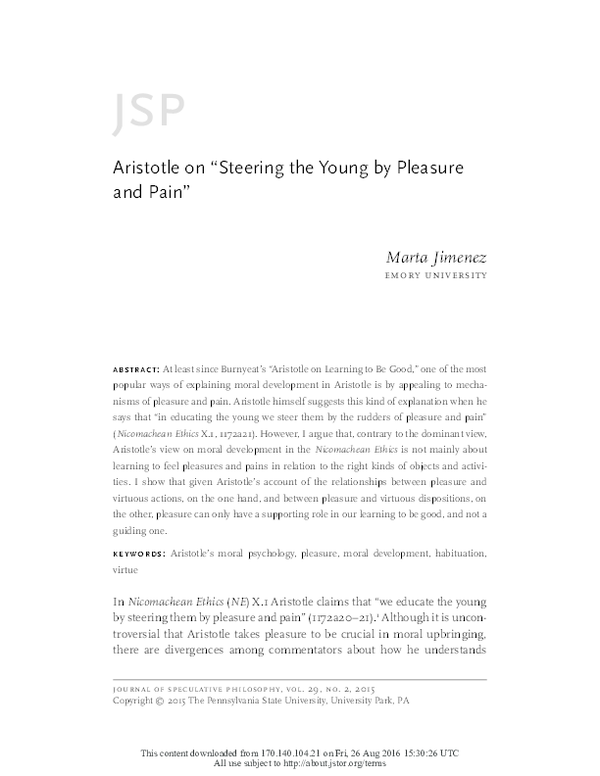 (PDF) Aristotle on "Steering the Young by Pleasure and Pain"