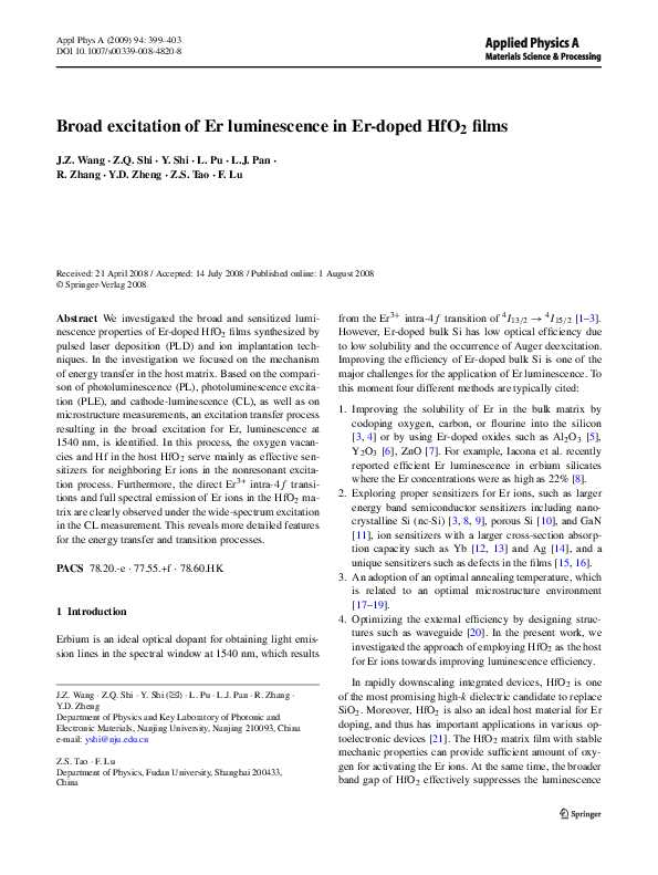 (PDF) Broad excitation of Er luminescence in Er-doped HfO2 films