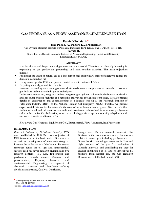 (PDF) GAS HYDRATE AS A FLOW ASSURANCE CHALLENGE IN IRAN