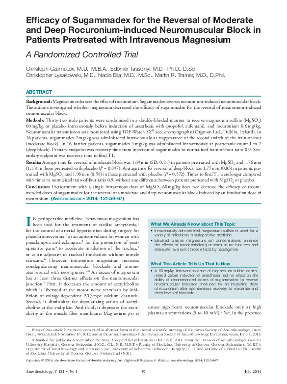 (PDF) Efficacy of Sugammadex for the Reversal of Moderate and Deep ...
