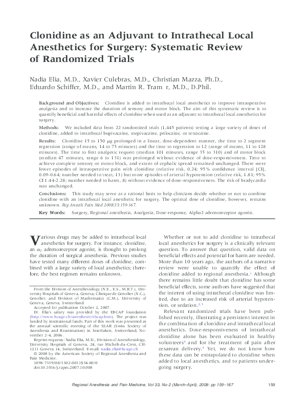 (PDF) Clonidine as an Adjuvant to Intrathecal Local Anesthetics for ...