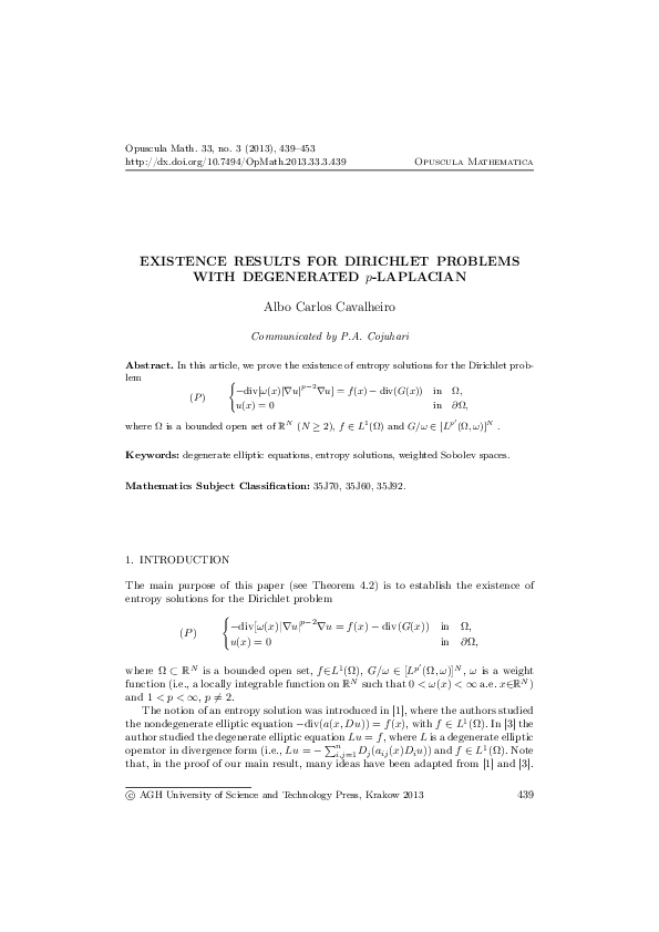 (PDF) Existence results for Dirichlet problems with degenerated p-Laplacian