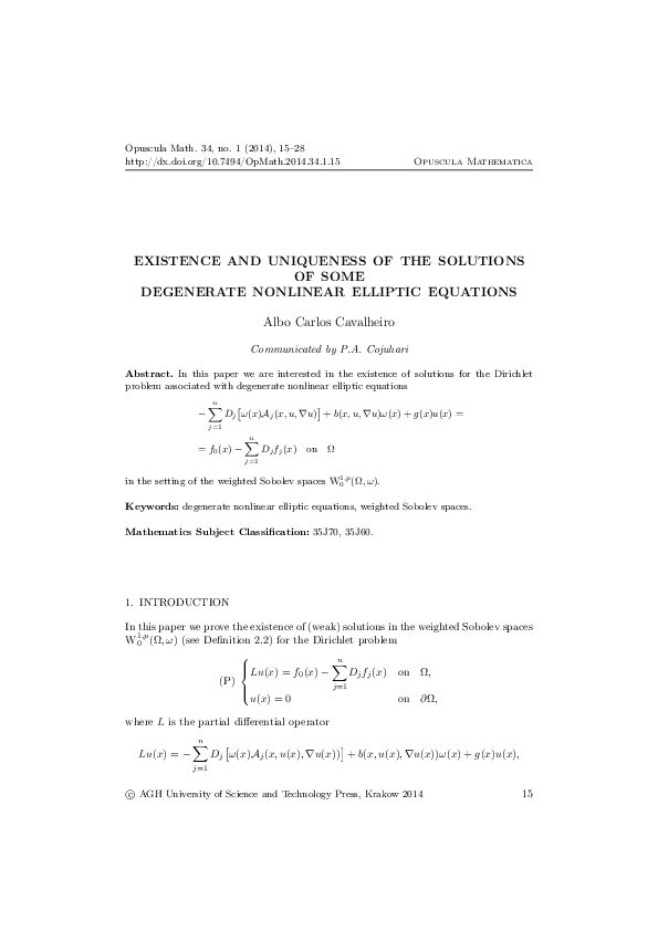 Pdf Existence And Uniqueness Of The Solutions Of Some Degenerate Nonlinear Elliptic Equations
