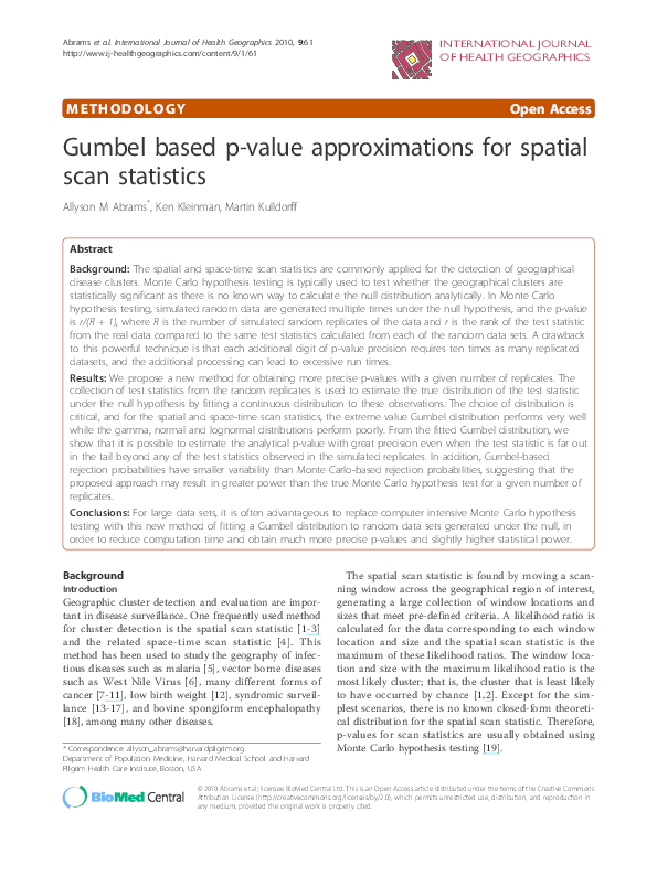 Pdf Gumbel Based P Value Approximations For Spatial Scan Statistics