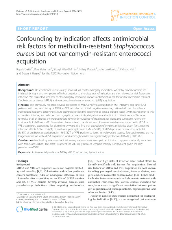 (PDF) Confounding by indication affects antimicrobial risk factors for methicillin-resistant ...