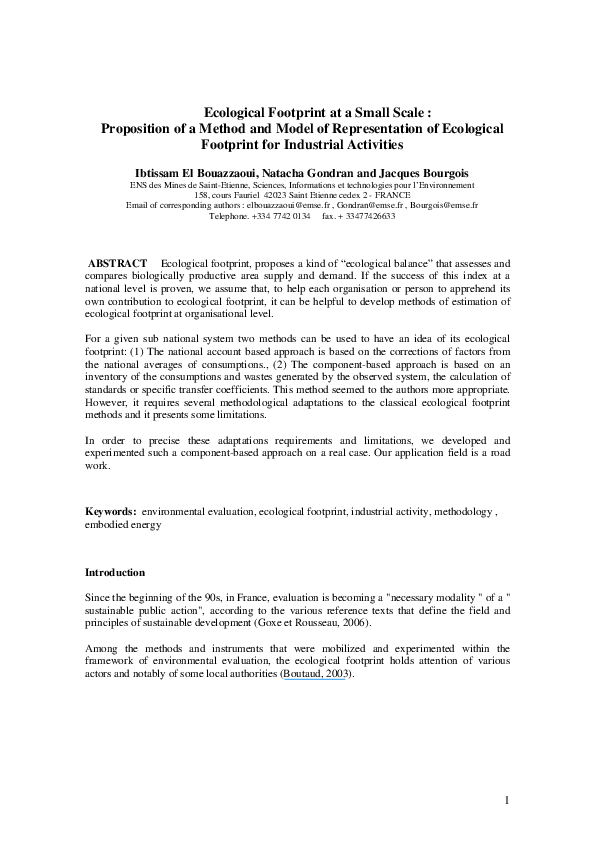 (PDF) Ecological Footprint at a Small Scale : Proposition of a Method ...