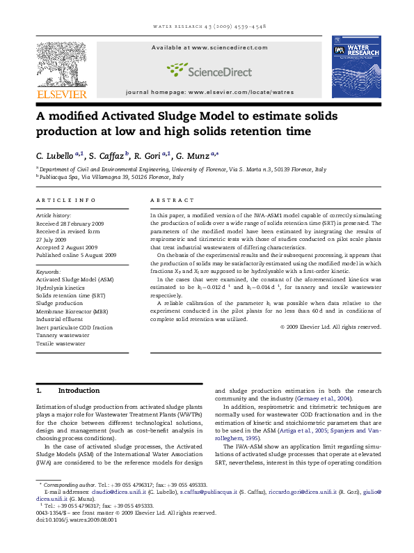 (PDF) A modified Activated Sludge Model to estimate solids production at low and high solids ...