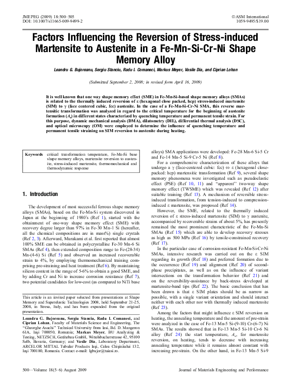 (PDF) Factors Influencing the Reversion of Stress-induced Martensite to Austenite in a Fe-Mn-Si ...