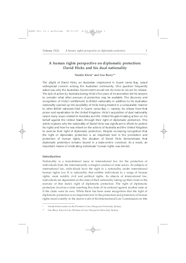 (PDF) A human rights perspective on diplomatic protection: David Hicks ...