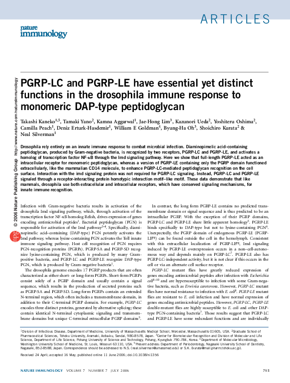 (PDF) PGRP-LC and PGRP-LE have essential yet distinct functions in the ...