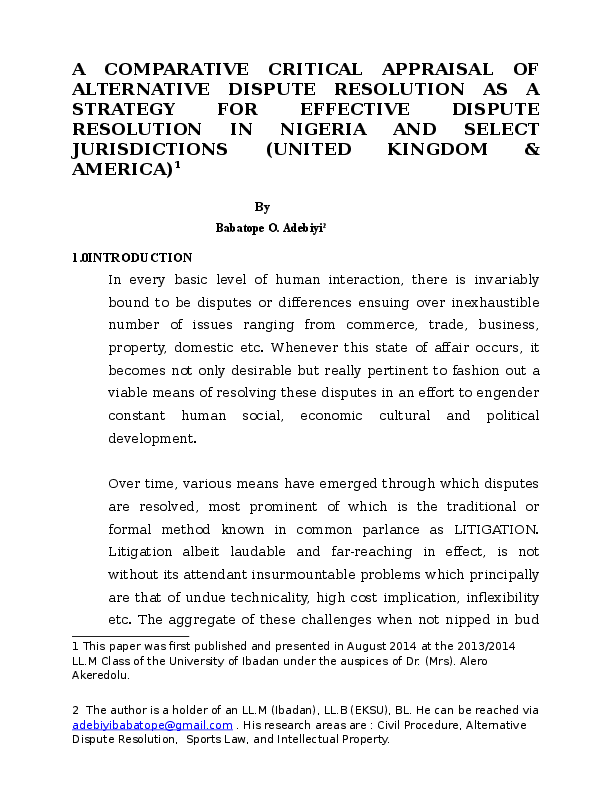(DOC) A COMPARATIVE CRITICAL APPRAISAL OF ALTERNATIVE DISPUTE RESOLUTION ( ADR) AS A STRATEGY ...