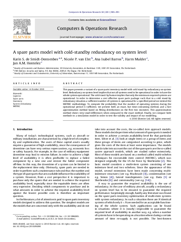 Pdf A Spare Parts Model With Cold Standby Redundancy On System Level