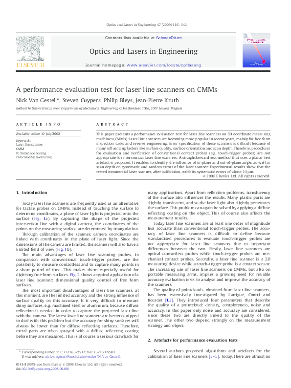 Pdf A Performance Evaluation Test For Laser Line Scanners On Cmms