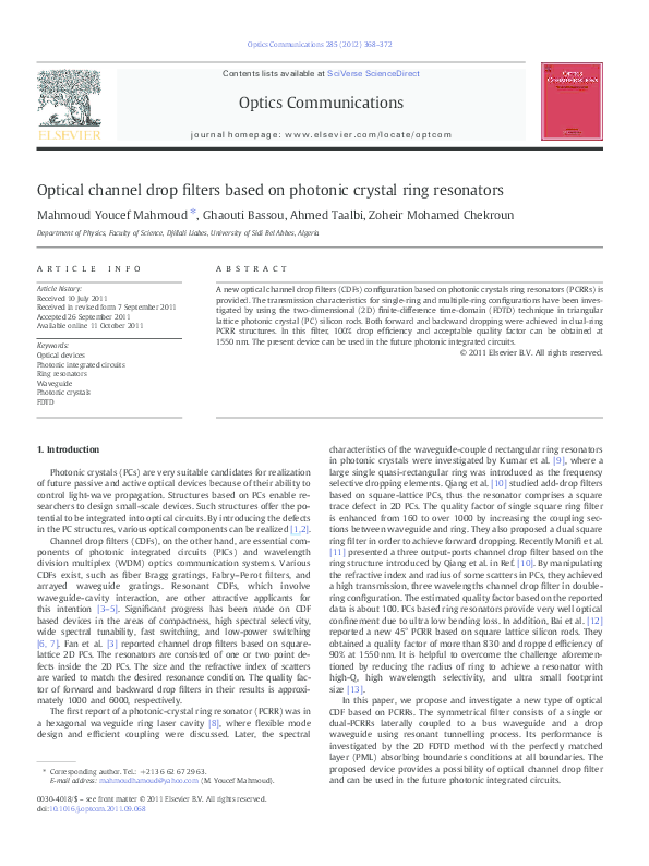 (PDF) Optical channel drop filters based on photonic crystal ring resonators