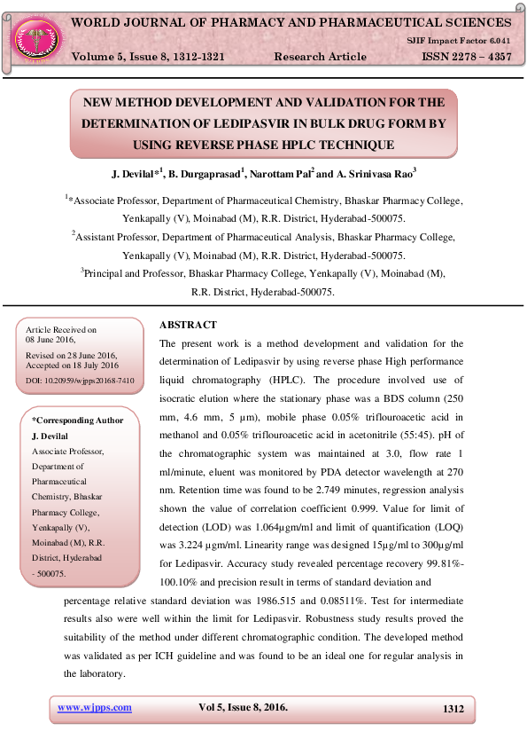 (PDF) NEW METHOD DEVELOPMENT AND VALIDATION FOR THE DETERMINATION OF LEDIPASVIR IN BULK DRUG ...