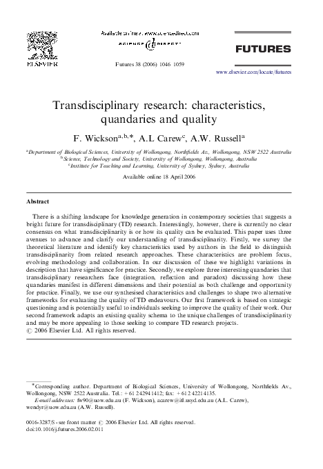 (PDF) Transdisciplinary research: characteristics, quandaries and quality