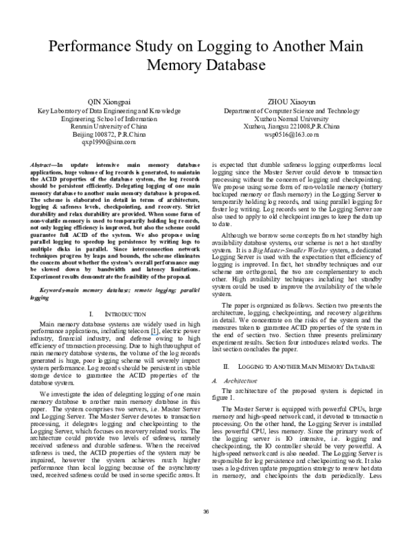 (PDF) Performance study on logging to another main memory database