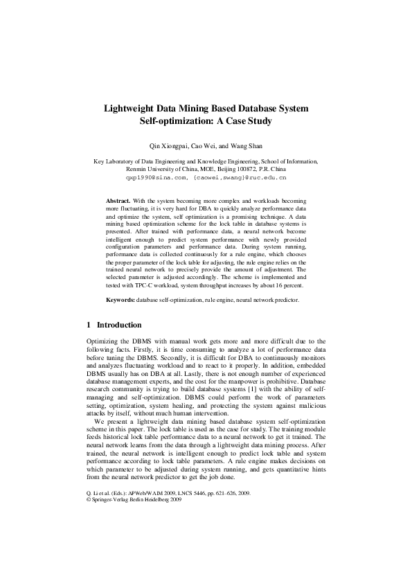 (PDF) Lightweight Data Mining Based Database System Self-optimization: A Case Study