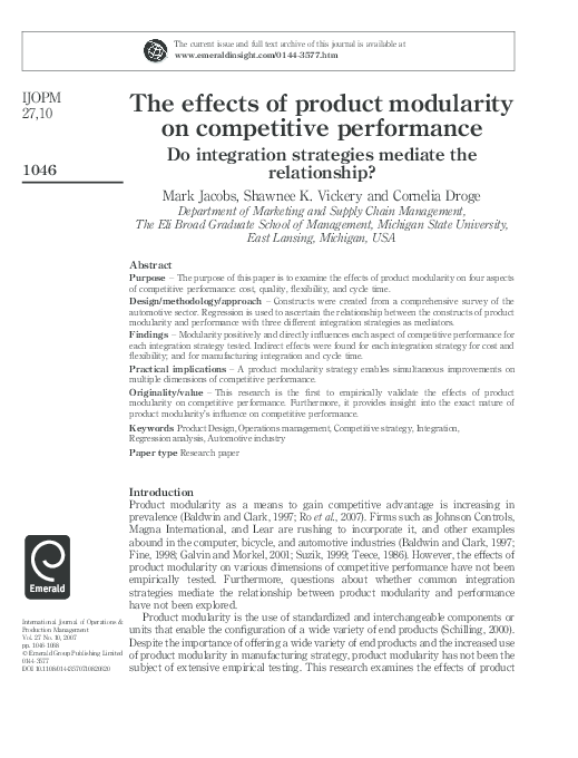(PDF) The effects of product modularity on competitive performance